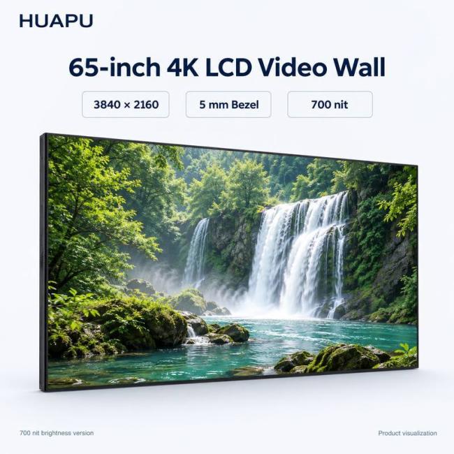 HUAPU 65 inch4K LCD video wall panel, 700nit brightness,5mm bezel, product visualization
