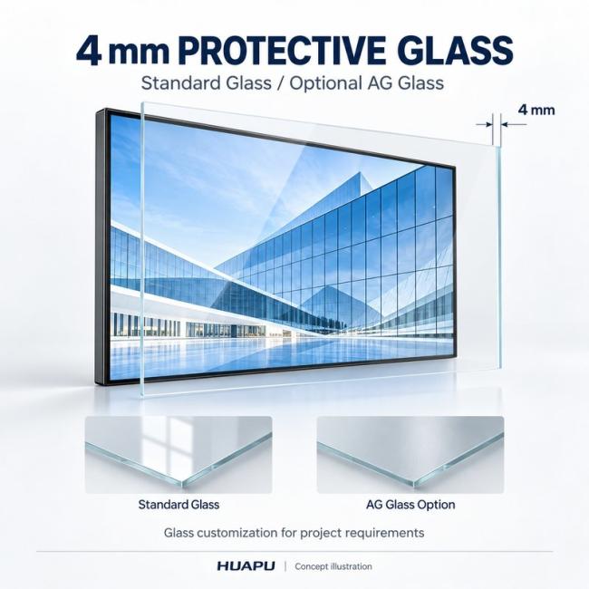 HUAPU large format LCD display 4 mm protective glass and optional AG glass product visualization