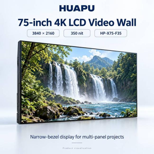 HUAPU 75-inch 4K LCD video wall panel, 350 nit version, product visualization