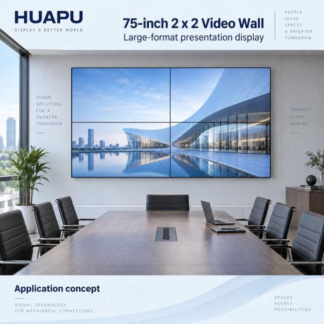 Four 75-inch LCD panels in a 2x2 meeting room display, application concept