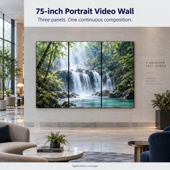 Three 75-inch portrait LCD panels in a lobby, application concept