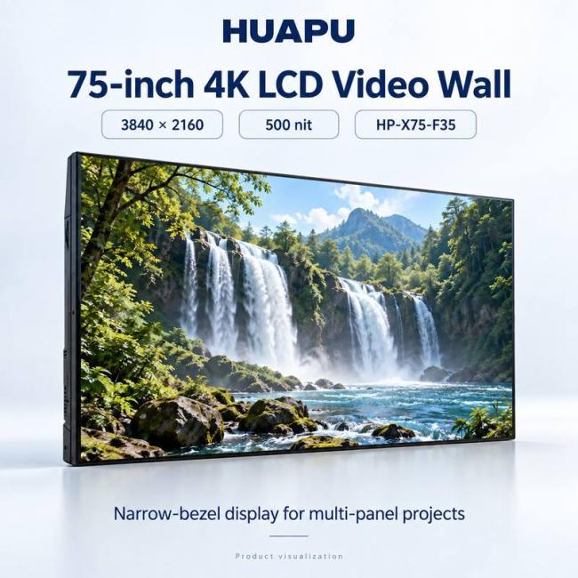 HUAPU 75-inch 4K LCD video wall panel, 500 nit version, product visualization