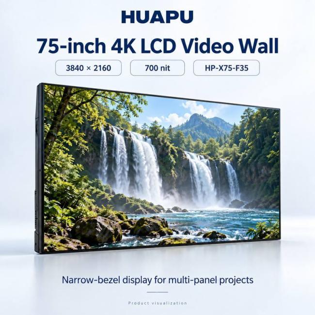 HUAPU 75-inch 4K LCD video wall panel, 700 nit version, product visualization