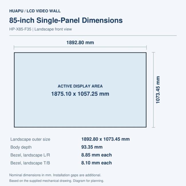 HP-X85-F35 single-panel outer and active dimensions