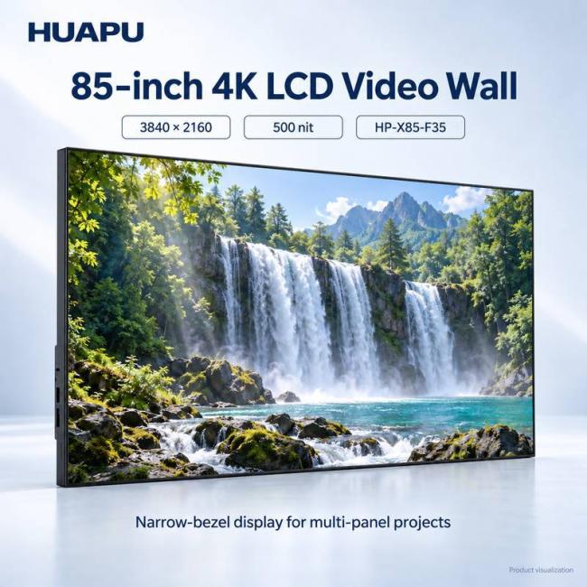 HUAPU 85-inch 4K LCD video wall panel, 500 nit version, product visualization