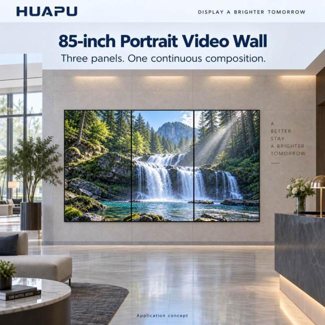 Three 85-inch portrait LCD panels in a lobby, application concept