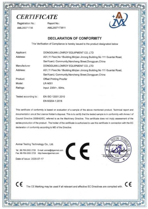 CE CERTIFICATE - DONGGUAN LONROY EQUIPMENT CO LTD