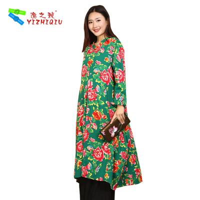 Cina Vestito casuale dalla manica lunga pura del cotone delle donne maxi, vestito lungo verde dalla manica in vendita