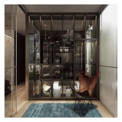 Chine Accueil Meubles modernes Panneaux de verre en aluminium noir en bois massif Armoire avec décoration de barre lumineuse à vendre