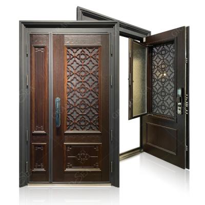 China Modern Design Wooden Grain Anti-theft Door Villa Multi Lock Point Front Safety Steel Door Exterior Security Door for sale