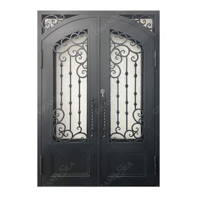 China Latest Modern Cast Iron Factory Price Front Door with Glass, Entry Double Wrought Iron Door Design for Villa for sale