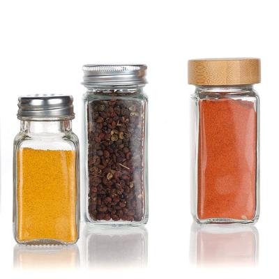 China 4oz Kitchen Storage Square Container Bottles Acacia Wooden Glass Spice Jars With Bamboo Lids Set for sale