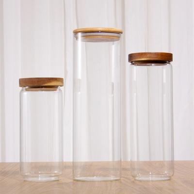 China Stripe Borosilicate Glass Jar with Acacia Wood Screw Lid for sale