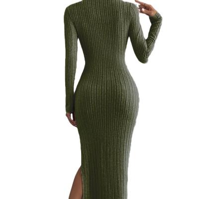 2024 Autumn and Winter New Long sleeved Round Neck Split Knitted Long Dress for