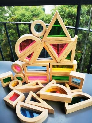 Cina Legno di gomma solido di legno di Montessori Toy Sensory Rainbow Mirror Blocks dei bambini che impila l'impilatore acrilico di Buliding educativo in vendita