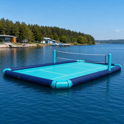Commercial Floating Inflatable Water Volleyball Court with Integrated Net Anchor Points and Non Slip Surface - front three-quarter view