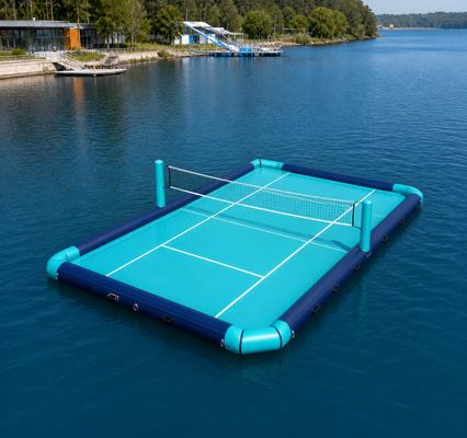 Commercial Floating Inflatable Water Volleyball Court with Integrated Net Anchor Points and Non Slip Surface - side perspective view