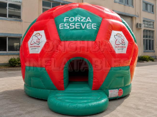 · round inflatable football bouncer with mesh window and safe entrance design