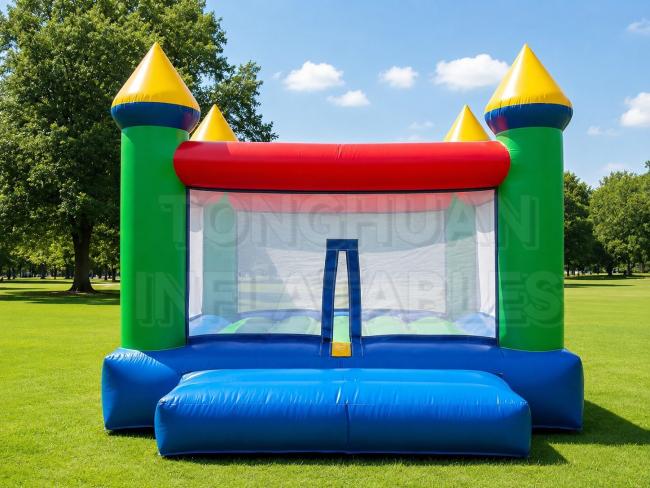 colorful castle inflatable bouncer with mesh walls and front entrance for kids parties