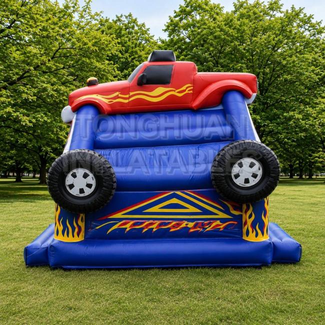 car theme inflatable bouncer with large wheels and truck roof design