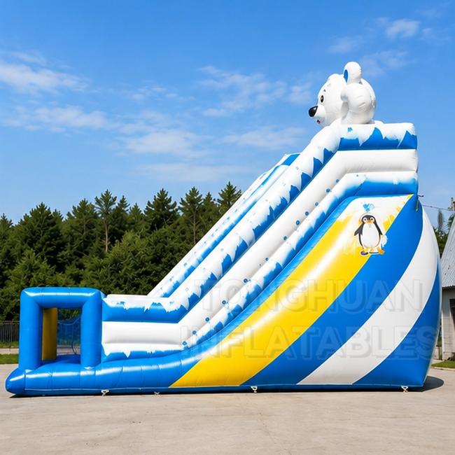 ice mountain inflatable slide combo with climbing lane and large polar bear decoration