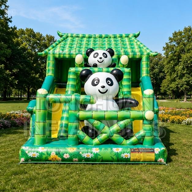 panda bamboo theme inflatable slide with cartoon play area for kids parks and rentals