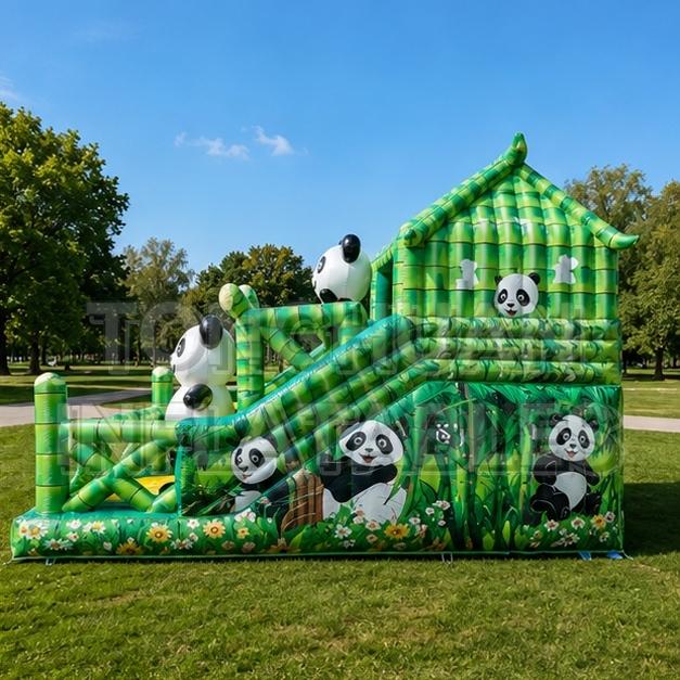 commercial panda inflatable slide with green bamboo house design and yellow slide lane