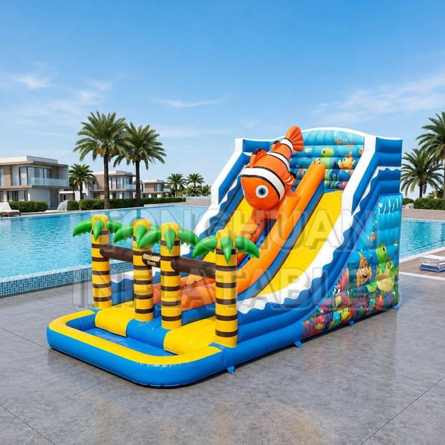 ocean theme inflatable water slide with clownfish artwork for kids pools and resorts