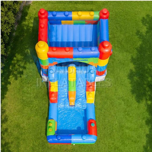 kids inflatable water park combo with colorful block theme and front splash pool