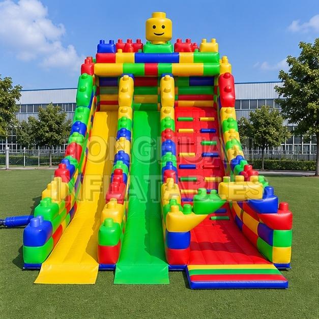 building block inflatable dual lane slide with separate climbing lane