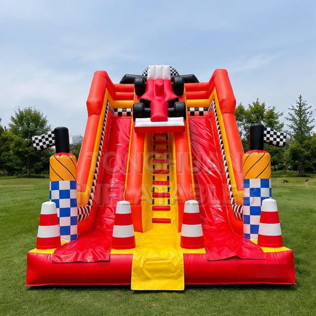 racing car inflatable dual lane slide with central climbing lane