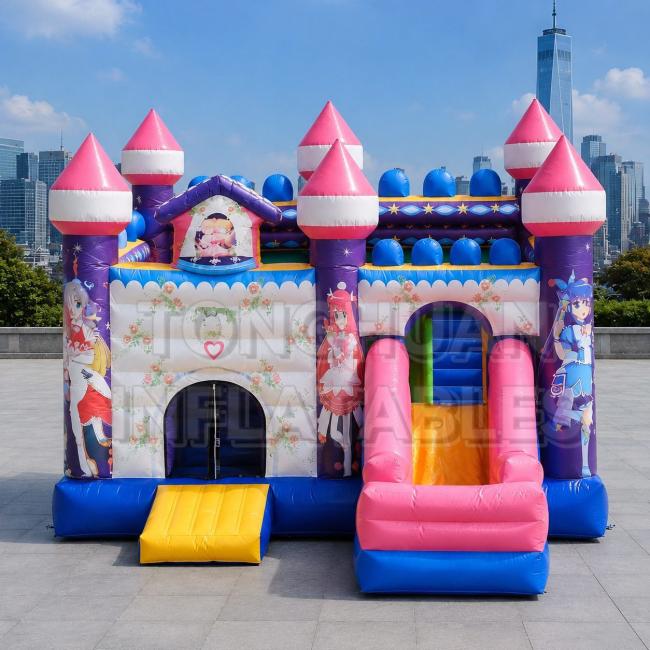 princess castle inflatable bounce house with front slide and themed towers