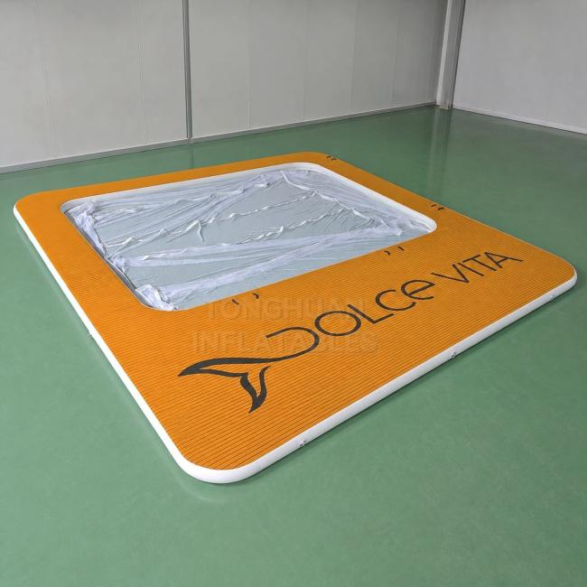 Complete orange EVA non-slip inflatable pool with recessed liner and protective mesh cover