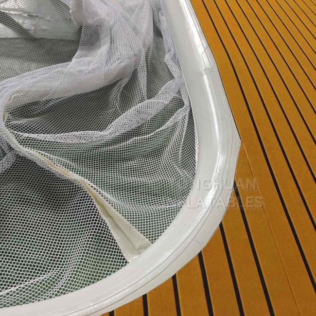 Custom inflatable pool side view with low-profile frame and drainage-ready structure