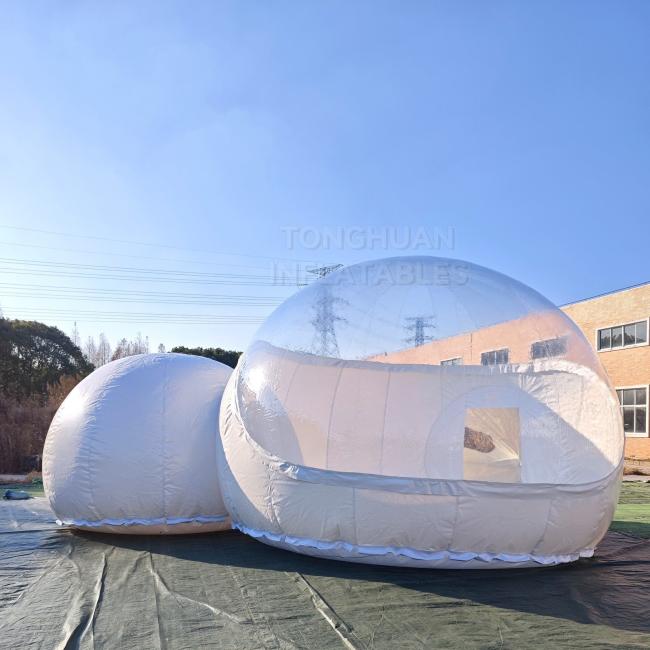 Commercial double bubble inflatable dome house with clear PVC windows and connecting tunnel view 1