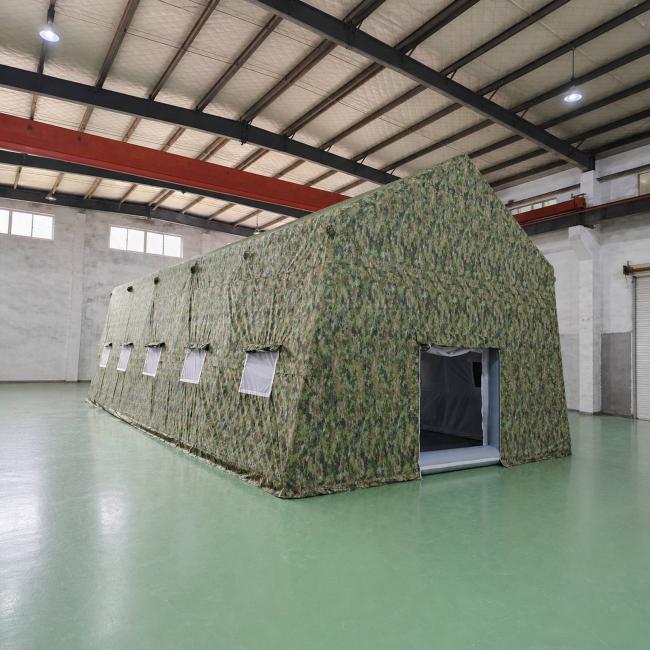 Commercial camouflage inflatable emergency shelter tent with large capacity air frame and modular entrance view 1