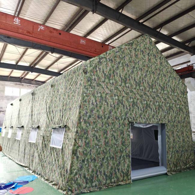 Commercial camouflage inflatable emergency shelter tent with large capacity air frame and modular entrance view 2