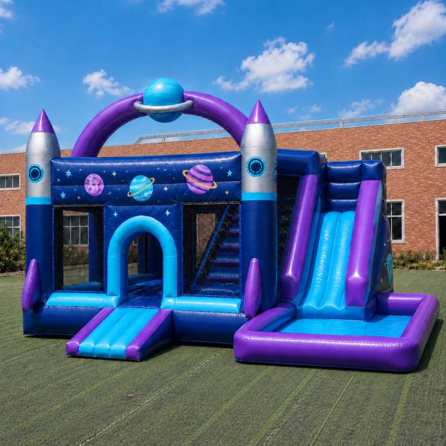Unobstructed front view of space inflatable trampoline and slide combo