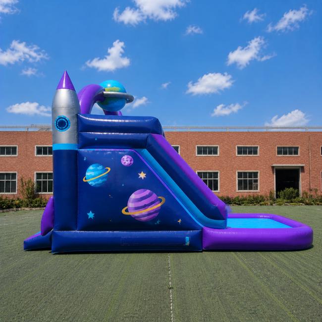 Strict 90-degree right-side view of slide and shallow empty landing pool