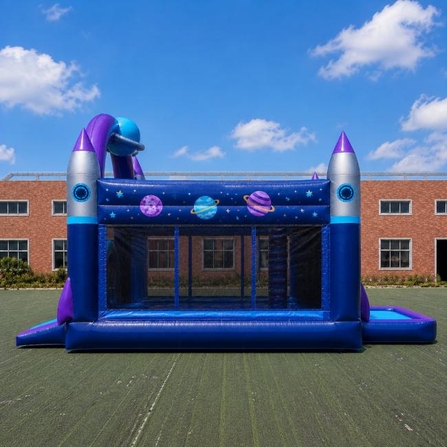 Strict 90-degree left-side view of enclosed mesh trampoline chamber