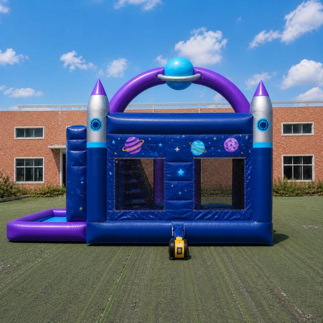 Straight 180-degree rear view with one air blower behind the inflatable