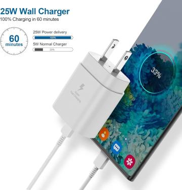 25W USB-C fast charger showing compact design and white color option