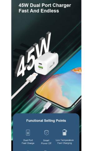 45W GaN fast charger side view with foldable plug