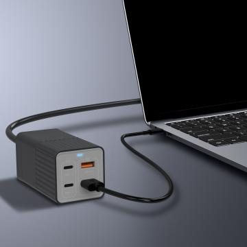 65W GaN USB C PD Charging Adapter showing multiple ports and compact design