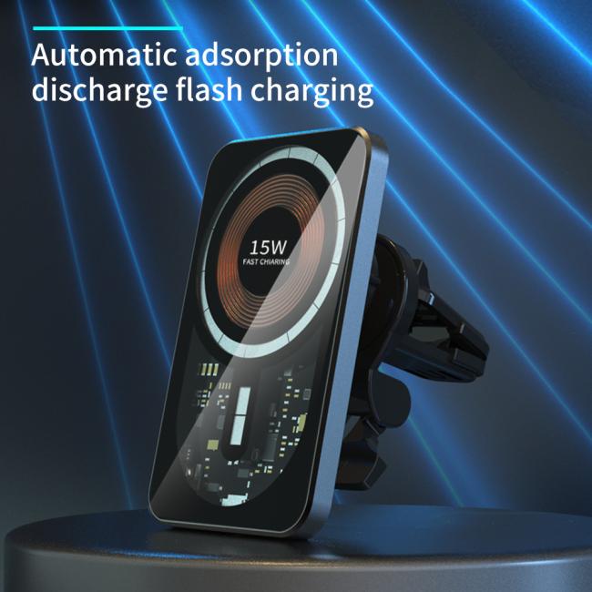 Wireless car charger side view with vent clip attachment