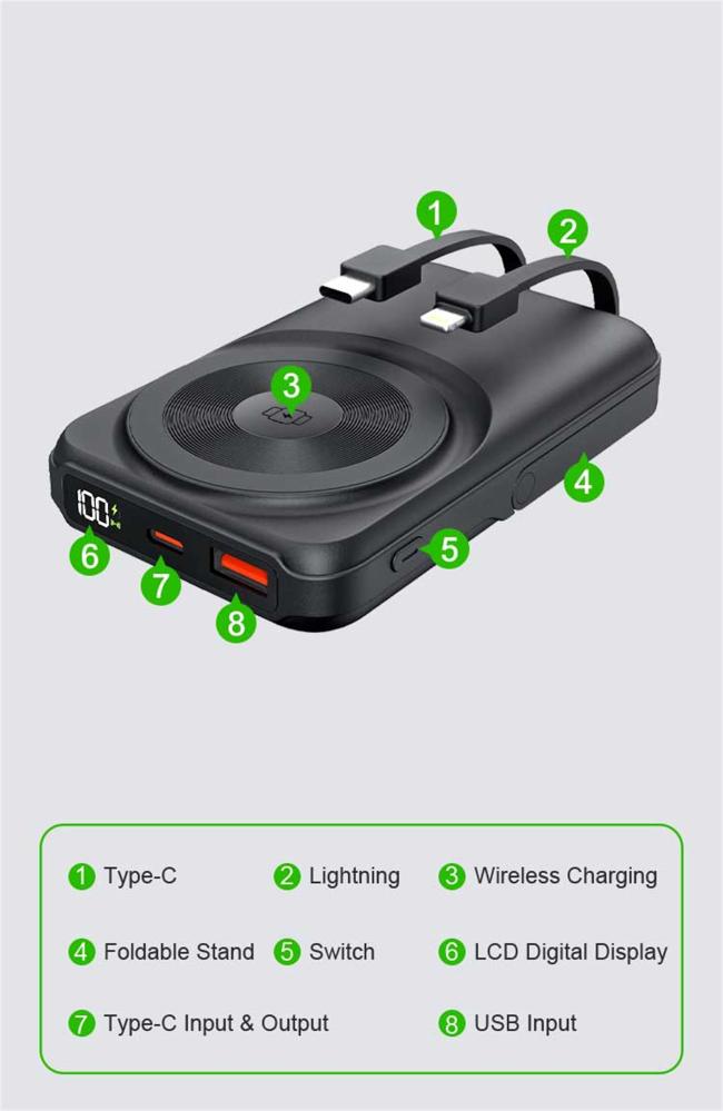 Magnetic Wireless Power Bank with built-in cable showing LED display and compact design