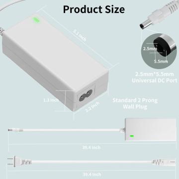 Power adapter front view showing connector and specifications
