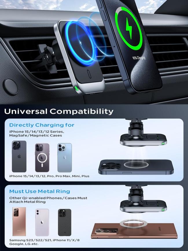 Magnetic wireless car charger mounted on dashboard
