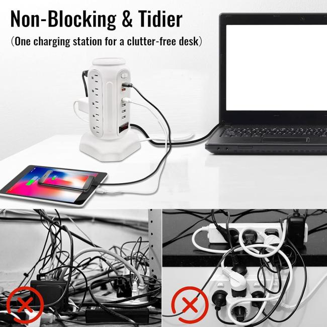 Close-up view of USB charging ports on the socket tower