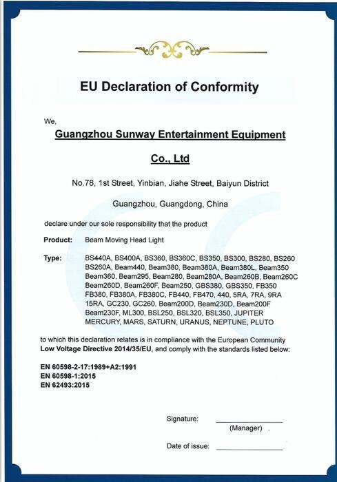 EU Declaration of Conformity - Guangzhou Sunway Entertainment Equipment Co., Ltd.